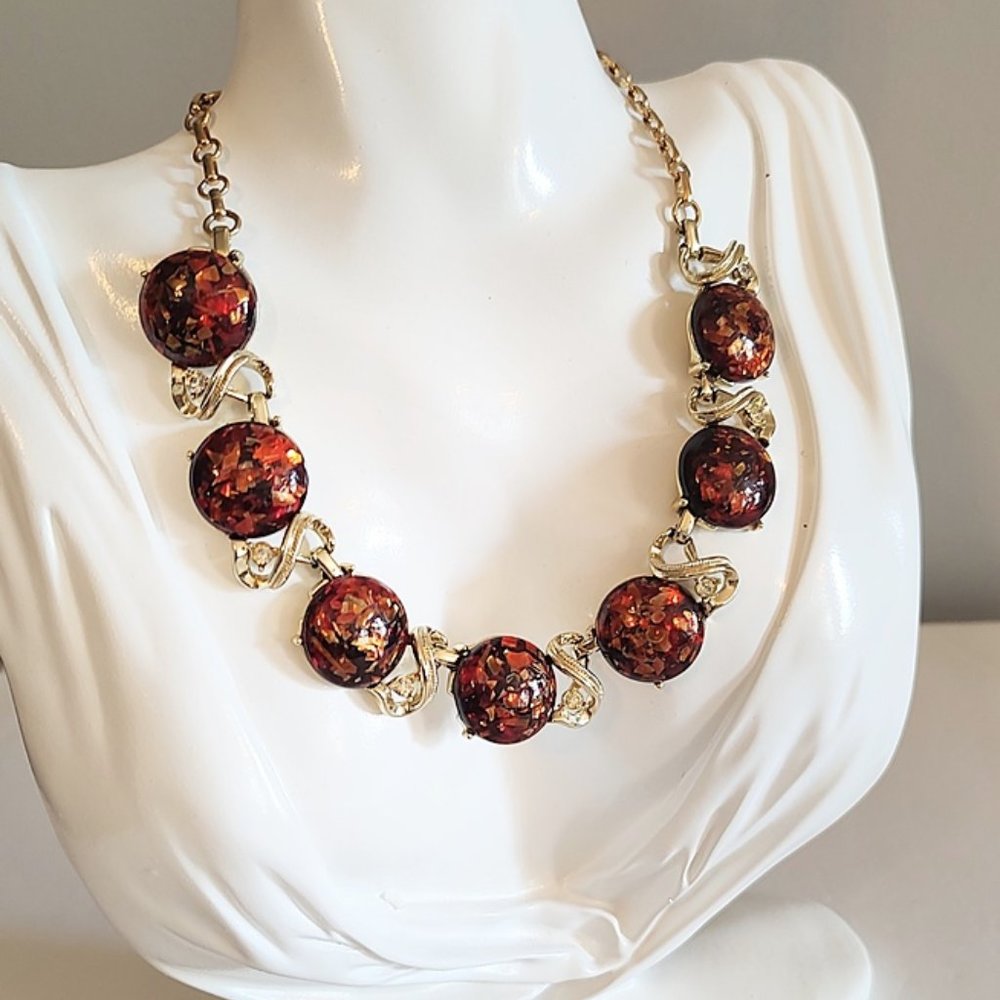 1960s Vintage Brown Confetti Lucite Round Link Neckla… - Gem